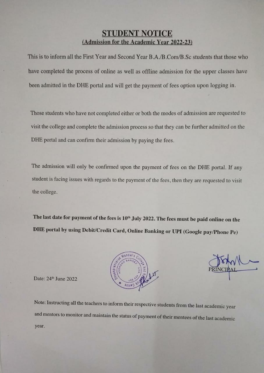 Student notice regarding Admission for SY/TY BA BSC BCom - DM's College ...
