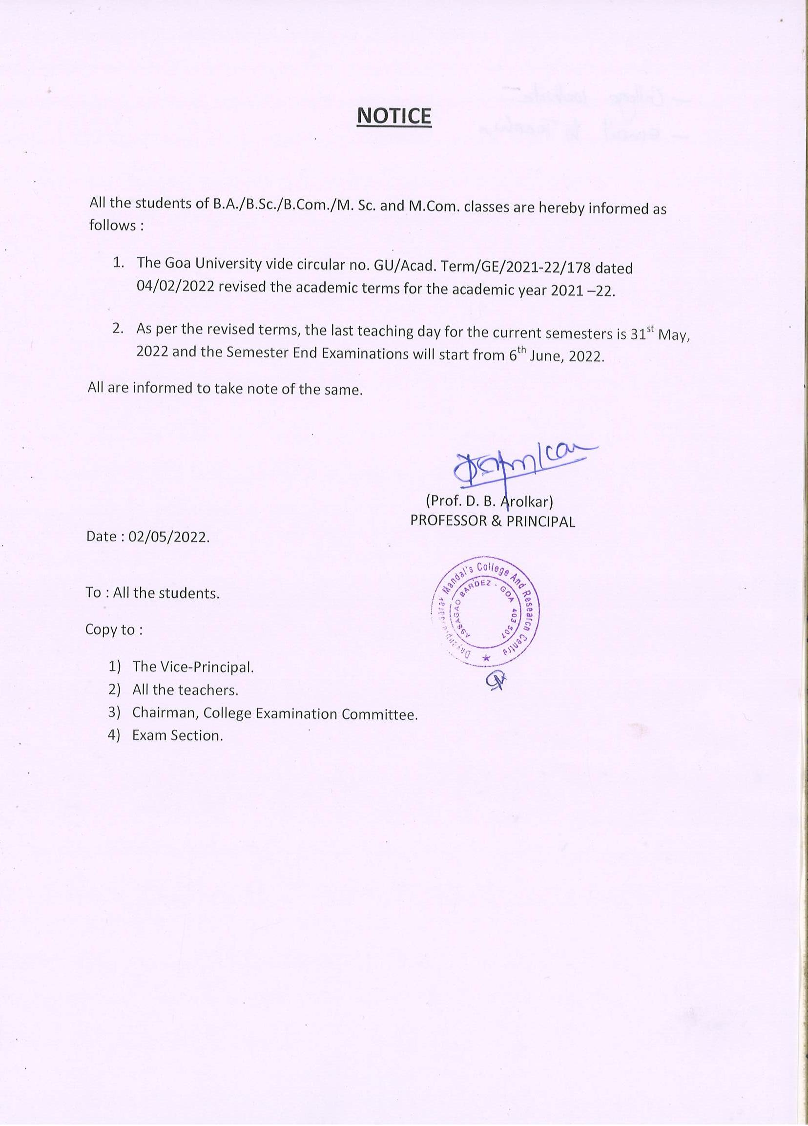 Student Notice - 02-05-22 - DM's College & Reseach Centre